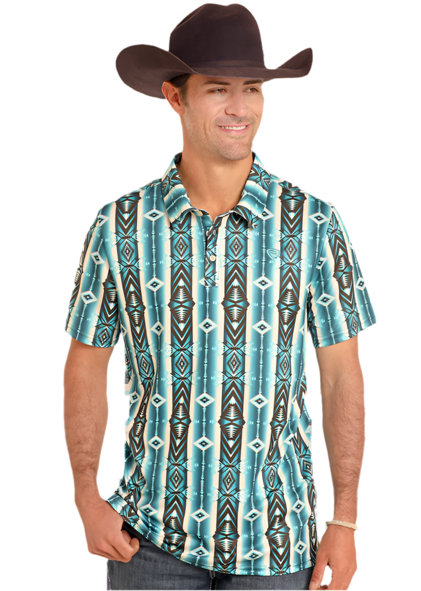 MENS ROCK & ROLL TEAL STRIPED AZTEC POLO | BM51T05026 – Botas Rojero