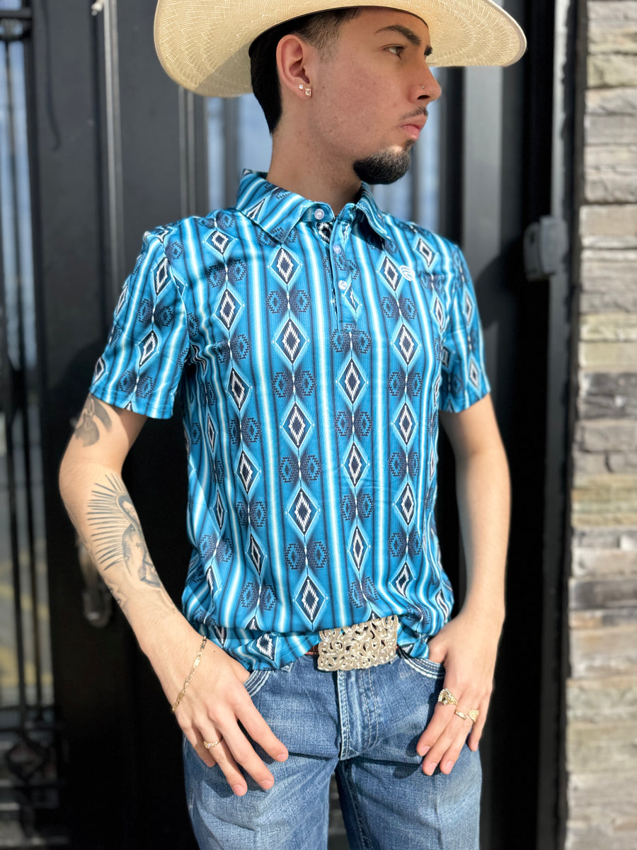 MENS ROCK & ROLL BLUE AZTEC STRIPED POLO | BM51T05029 – Botas Rojero