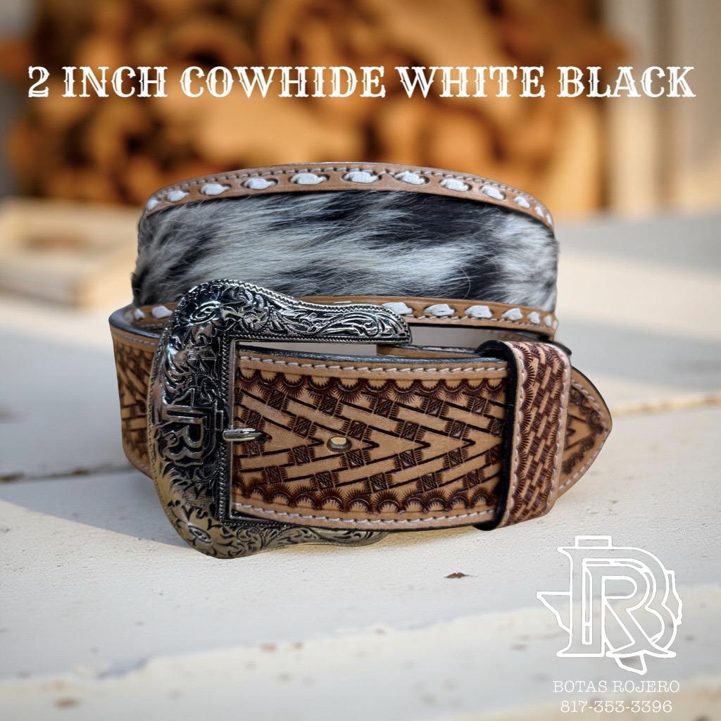 LEO “ | 2 INCH IRON SPUR BELT COWHIDE BELT BLACK AND WHITE – Botas Rojero