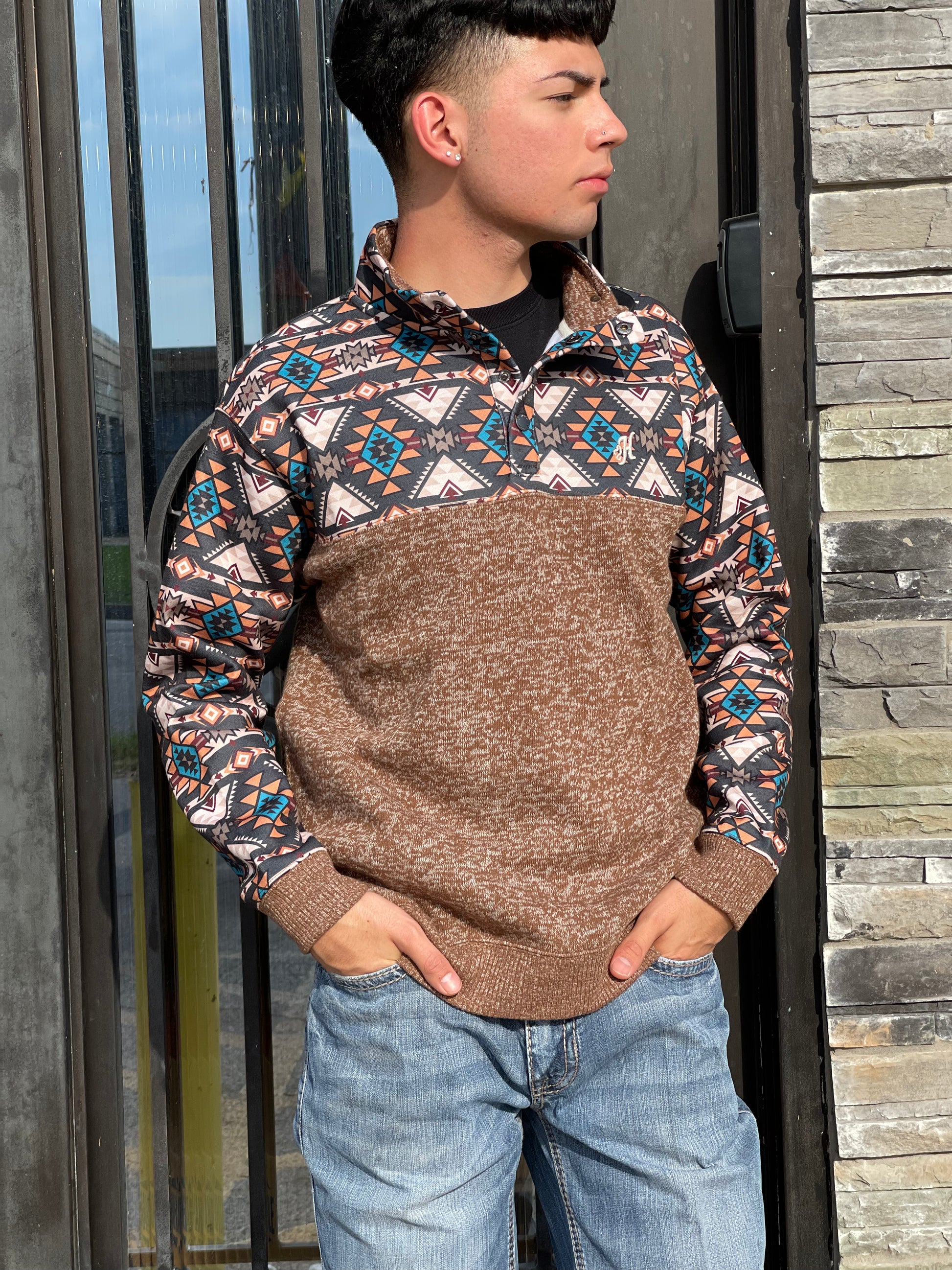 Stevie ” | Tan Pullover with Brown Tan Aztec Pattern – Botas Rojero
